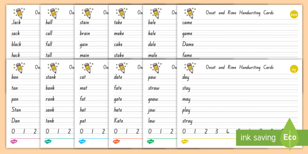 New Zealand Onset and Rime Handwriting Cards (teacher made)
