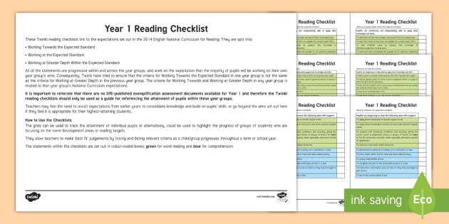 Year 1 Reading Checklist - reading exemplification, reading assessment