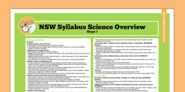 FREE! - Australia NSW Syllabus Science Stage 1 Overview - australia
