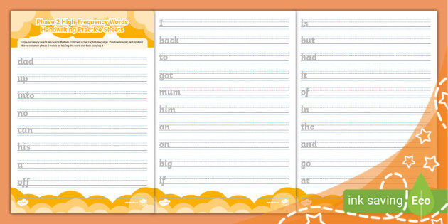 Phase 2 High-Frequency Words Handwriting Practice Sheets