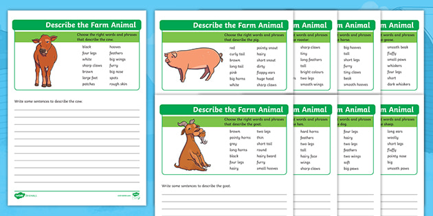 Describe the Farm Animals Writing Worksheet (teacher made)
