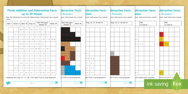 Pirates Addition and Subtraction Facts up to 20 Maths Mosaic Worksheets