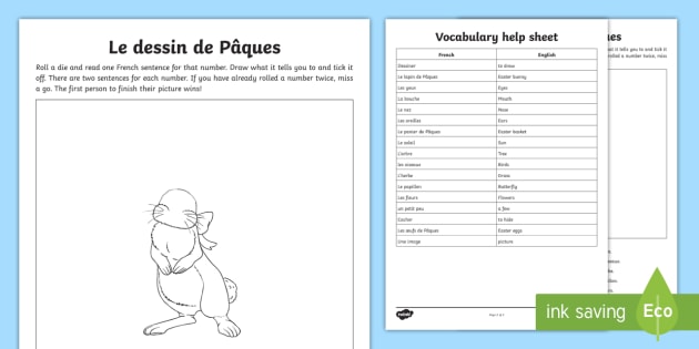 Easter Bunny Dice Game Read and Draw Worksheet French