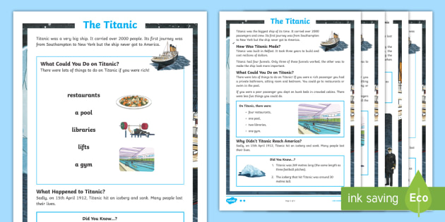 KS1 The Titanic Disaster Differentiated Reading Comprehension Activity