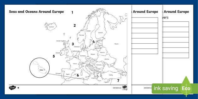 Seas and Oceans Around Europe Labelling Activity Worksheets