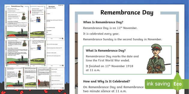 Remembrance Day Reading Comprehension KS1 Activity