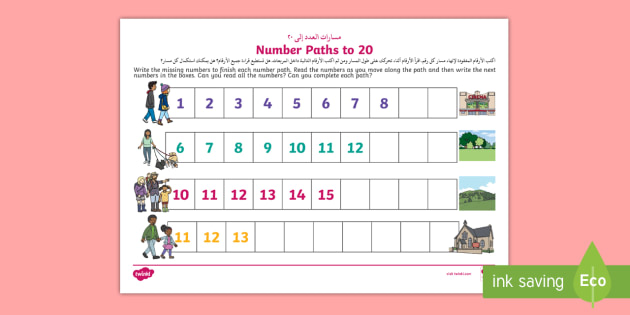 Complete the Number Paths to 20 Worksheet Worksheet - Arabic/English