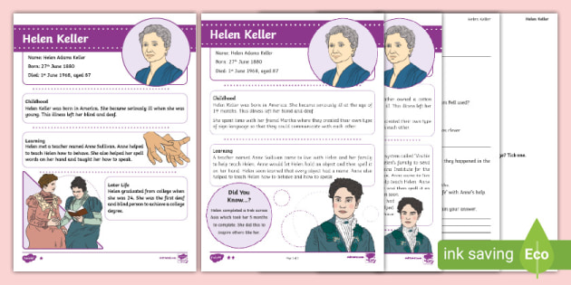 FREE! - KS1 Helen Keller Differentiated Reading Comprehension Activity