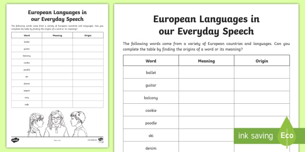 European Languages in Our Daily Speech Worksheet / Worksheet