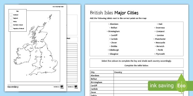 British Isles Major Cities Map Worksheet / Worksheet