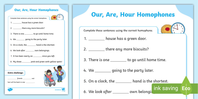 Our, Are, Hour Homophones Activity Sheet (Teacher-Made)