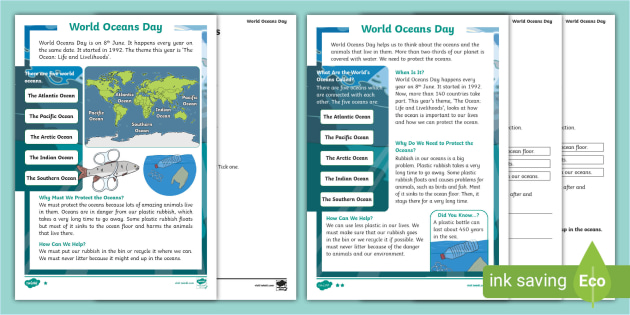 World Oceans Day Differentiated Reading Comprehension Ages 5-7