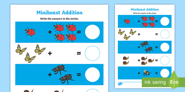 Minibeasts Addition up to 5 Worksheet (teacher made)