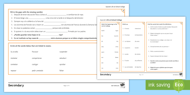 Life at School College Activity Mat Spanish - KS4, GCSE
