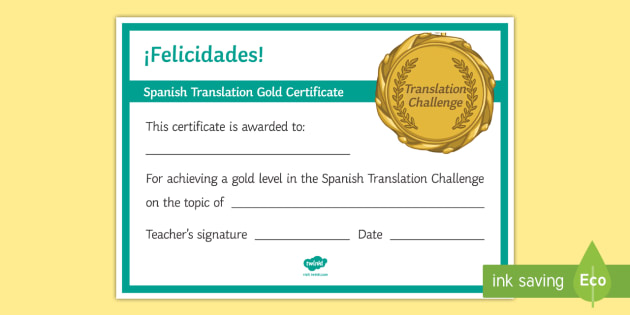 Spanish Translation Challenge Gold Certificate