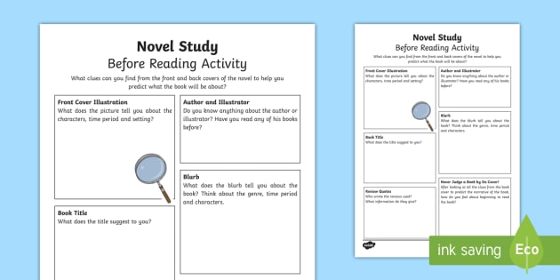 Novel Study Before Reading Worksheet Worksheet