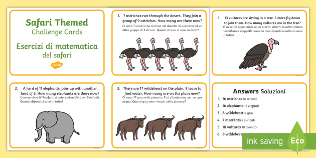 Safari Themed Addition and Subtraction Word Problems to 20 Challenge Cards