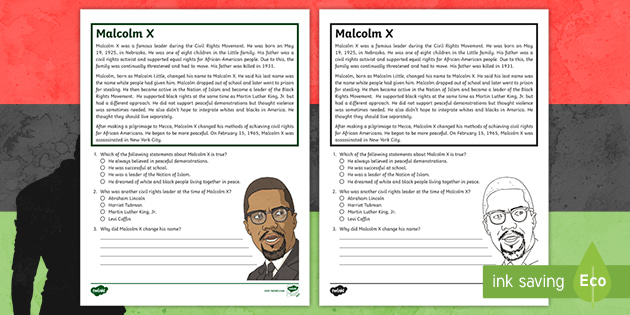 Fifth Grade Malcolm X Reading Passage Comprehension Activity