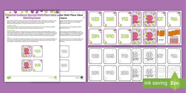 Monster Math Place Value Matching Game (teacher made)