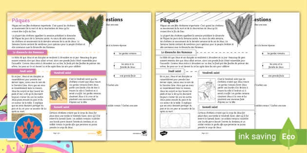 All About Easter Intermediate Reading Comprehension French