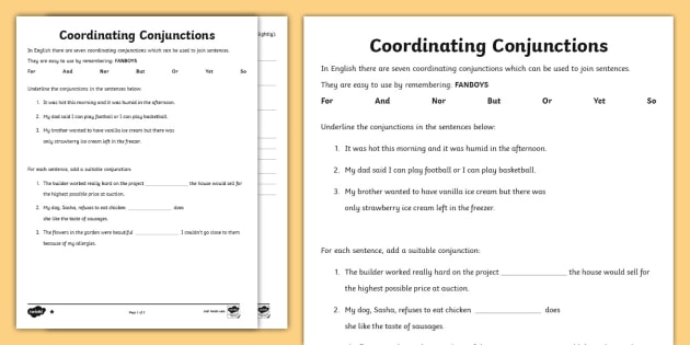 coordinating conjunctions worksheet grade 3