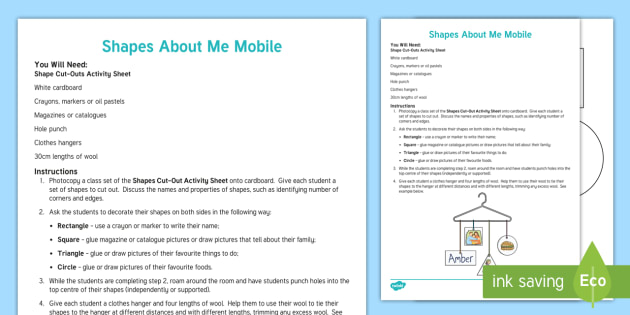 Shapes About Me Mobile Activity (teacher made)