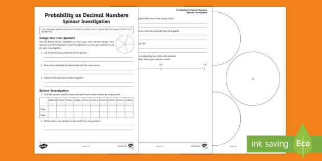 Probability as Decimal Numbers Spinner Investigation Activity