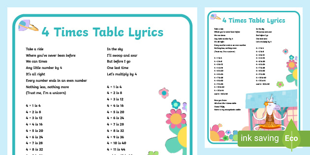 👉 4 Times Tables Song Lyrics Poster | Twinkl Go!