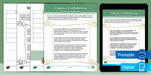 Iroquois Confederacy Constitution Reverse Cloze Activity