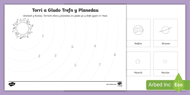 Taflen Weithgaredd Torri a Gludo Trefn y Planedau