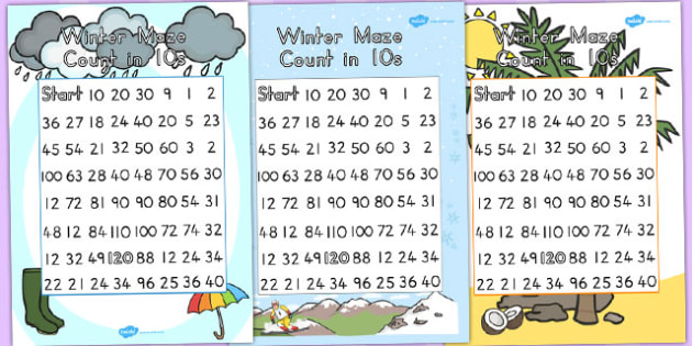 Winter Counting in 10s Maze Worksheet Temperate