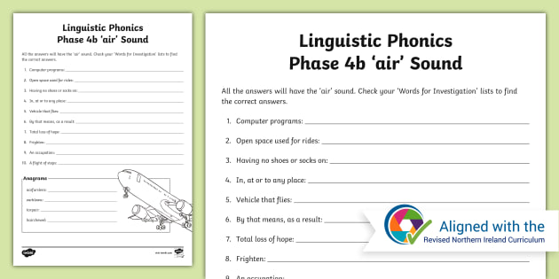 air Word Worksheet - NI Phase 4b Phonics (teacher made)
