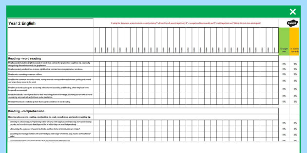 Year 2 English Reading Spreadsheet