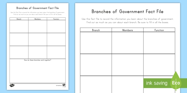 Branches of Government Fact File Worksheet / Activity Sheet