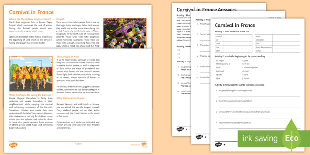 Carnival in France Differentiated Reading Comprehension Activity