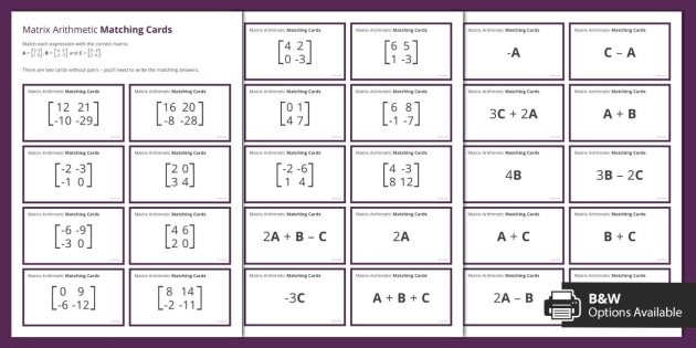 👉 Adding And Subtracting Matrices Activity - Matching Cards