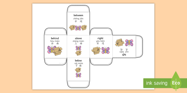 Prepositions Dice Nets English/Mandarin Chinese/Pinyin - Prepositions Dice