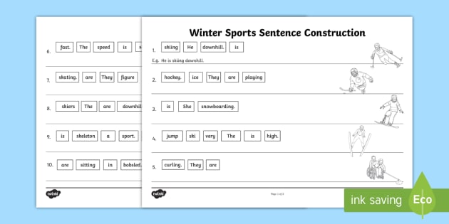 Winter Sports Sentence Construction Worksheet