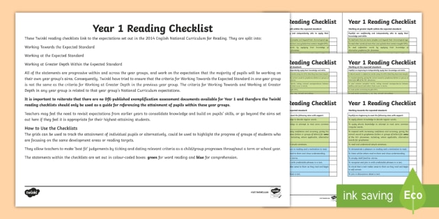 Year 1 Reading Checklist - reading exemplification, reading