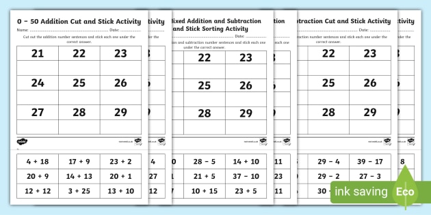 0 - 50 Addition and Subtraction Cut and Stick Activity