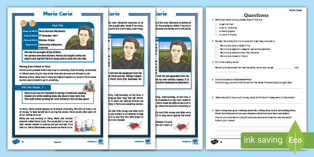 UKS2 Marie Curie Differentiated Reading Comprehension Activity