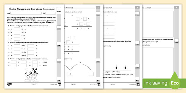 Missing Numbers and Operations: Assessment (teacher made)