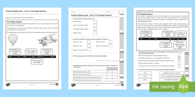 Practice Reading Tests Year 2 & 3 The Wright Brothers Activity Booklet
