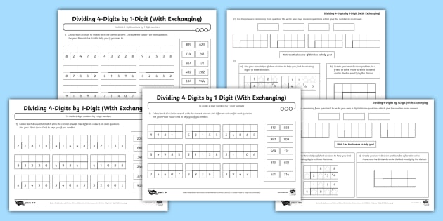 👉 Divide 4 Digits by 1 Digit (with exchanging) maths worksheets