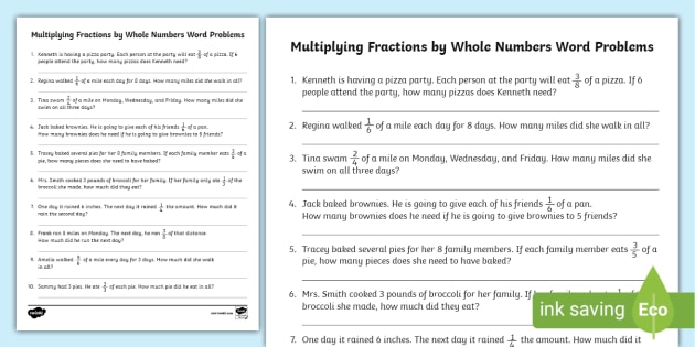 Fraction Multiplication Word Problems Worksheets Multiplying 
