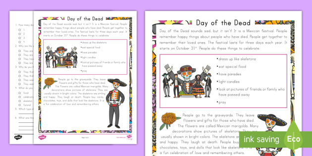Second Grade Day of the Dead Reading Comprehension Activity