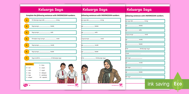 My Family Numbers Differentiated Worksheets Indonesian