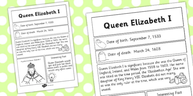 Elizabeth I Significant Individual Fact Sheet (teacher made)