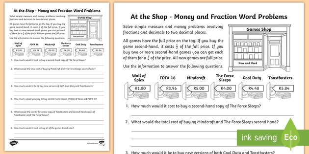 At the Shop - Money and Fraction Word Problems
