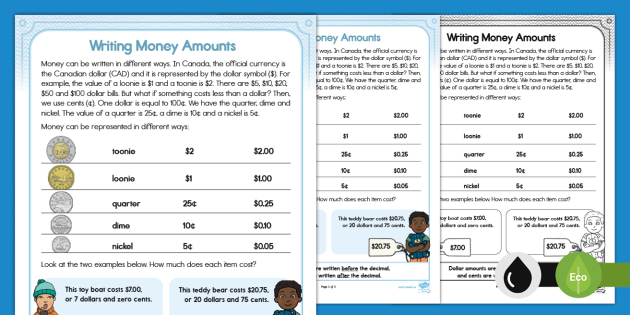 Canadian Money and Decimals Worksheet (teacher made)